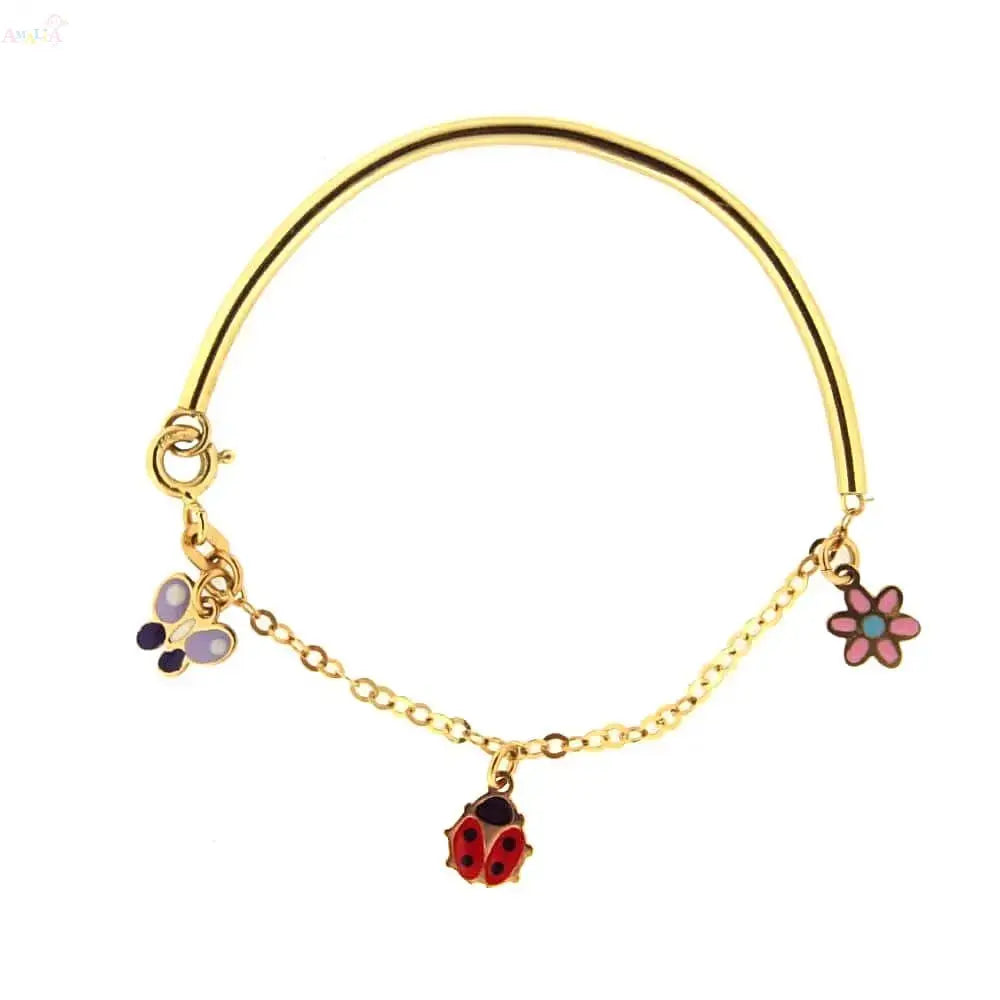 18K Yellow Gold Enamel Flower, Butterfly, and Lady Bug Half Bangle ...