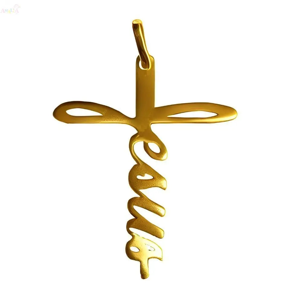 18K Solid Yellow Gold Polished Jesus Name Cross Pendant – Amalia J ...