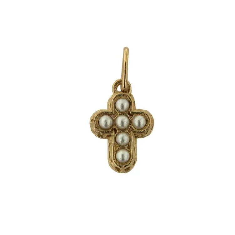 18K Solid Yellow Gold Tiny Pearls Casting Cross Pendant