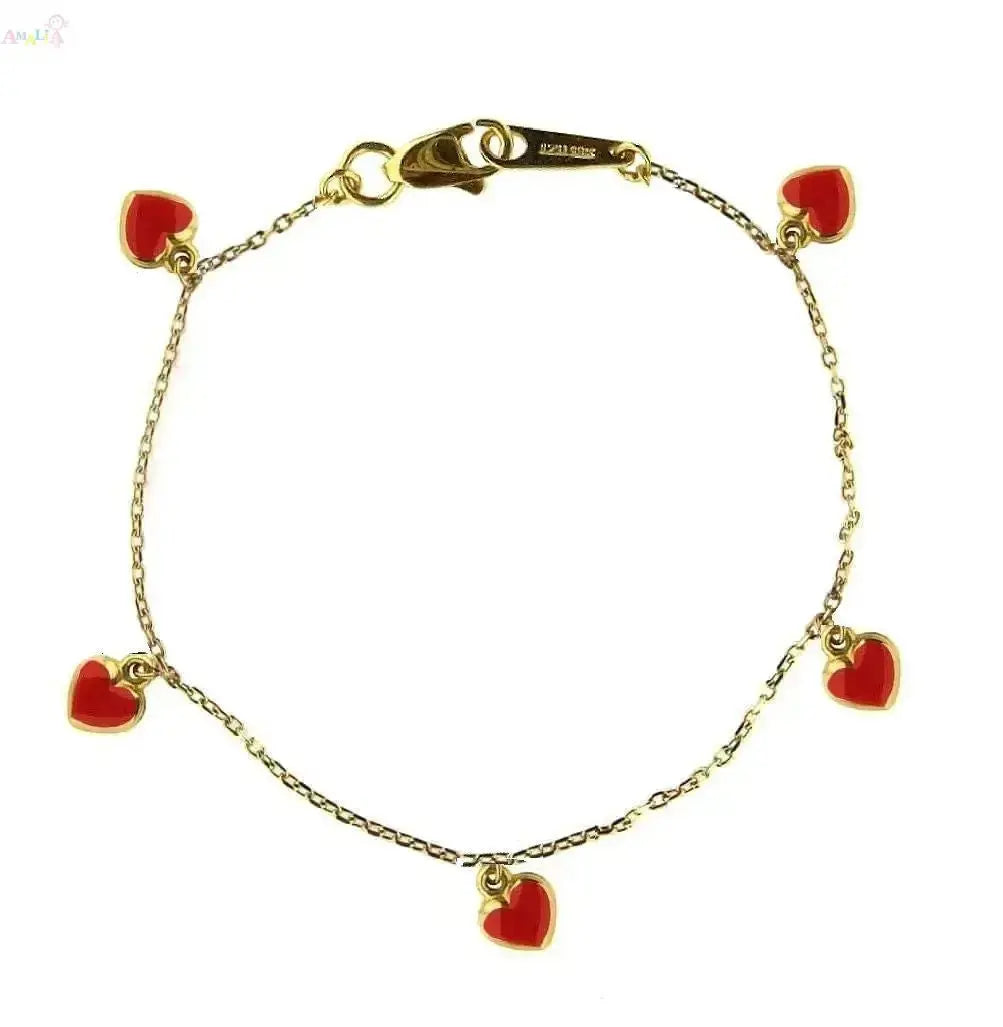 18K Yellow Gold Red Enamel Dangling Heart Charm Bracelet