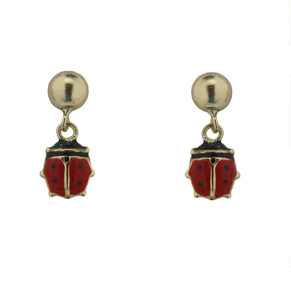 18K Solid Yellow Gold Dangled Lady Bug Enamel Screwback Earrings ...