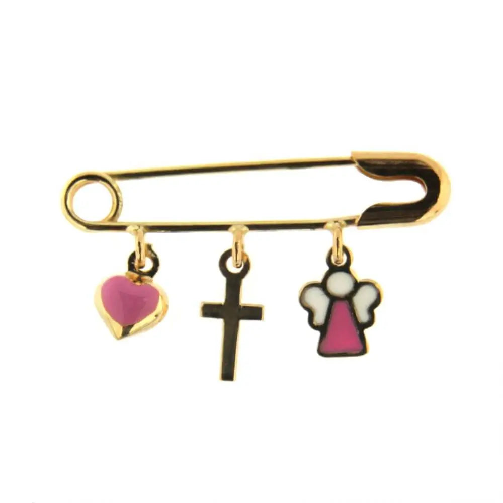 18k Solid Yellow Gold Cross and Pink Heart and Angel Enamel Safety Pin ...
